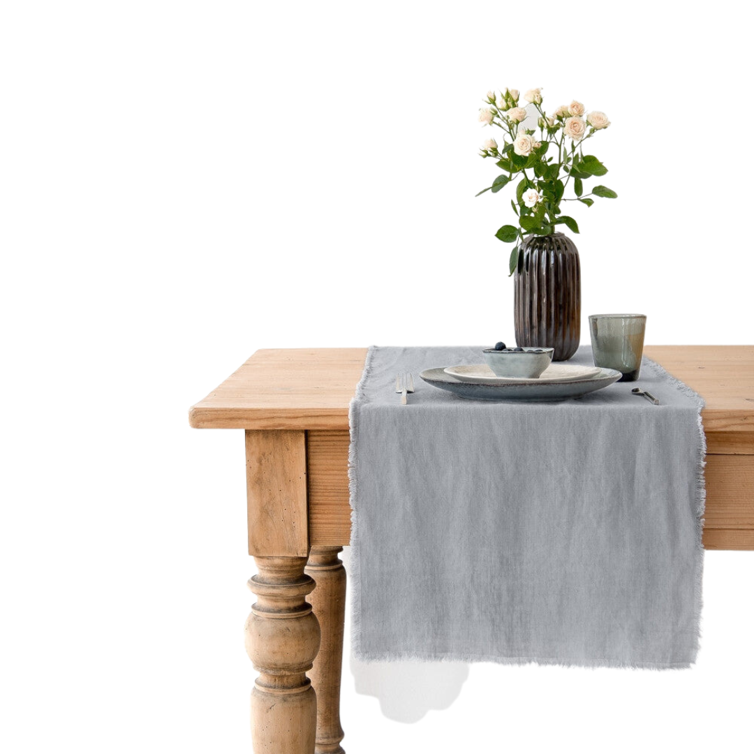 Light Grey Linen Table Runner with Fringe | Forest Homes