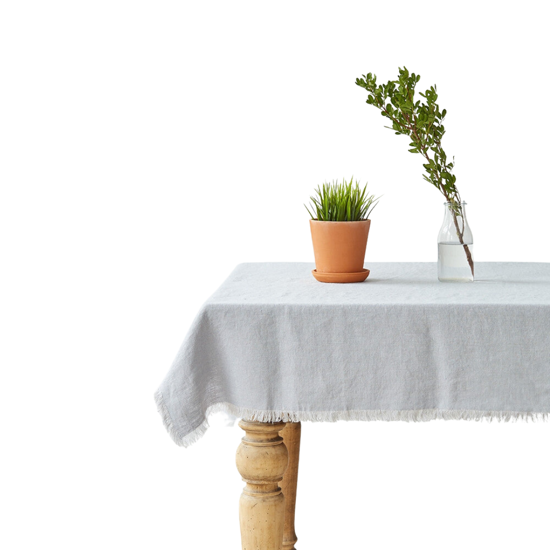 Light Grey Linen Tablecloth with Fringe | Forest Homes