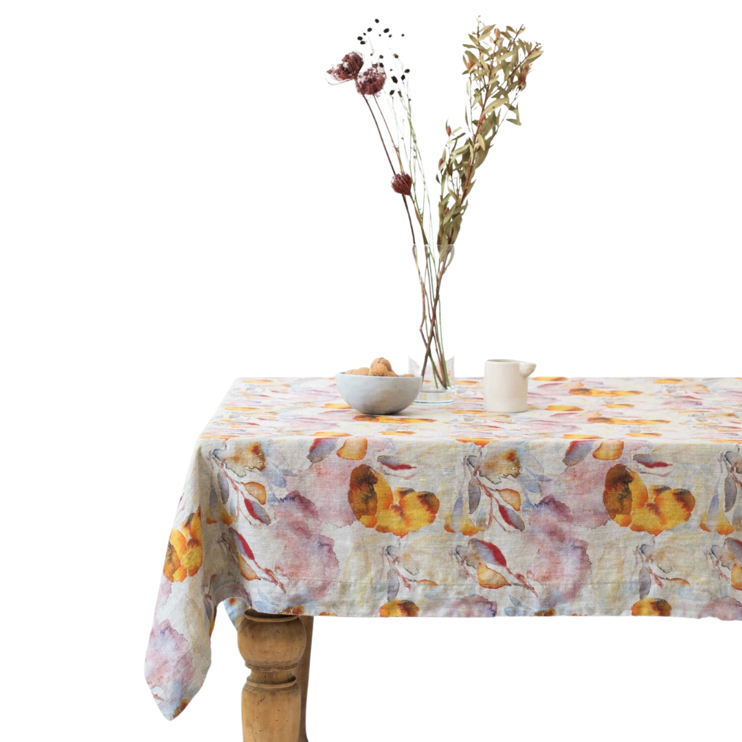 Orange Flow on Natural Linen Tablecloth | Forest Homes